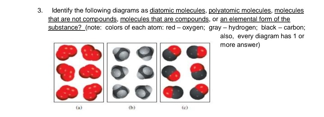 3. Identify the following diagrams as diatomic molecules, polyatomic molecules, molecules that ...
