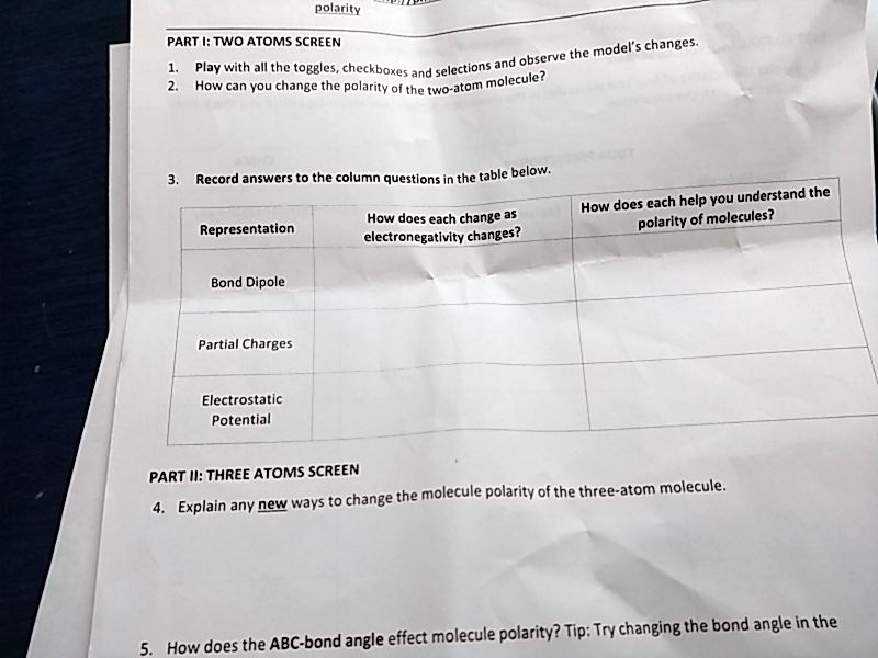 SOLVED: polarity PART I: TWO ATOMS SCREEN model" changes. and observe ...