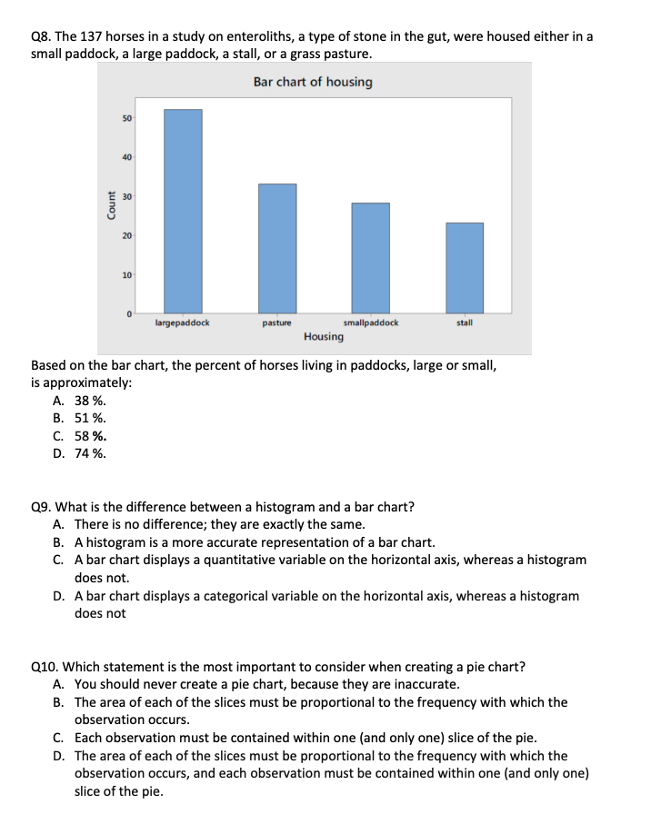 SOLVED: Q8. The 137 horses in a study on enteroliths, a type of stone in the gut, were housed ...