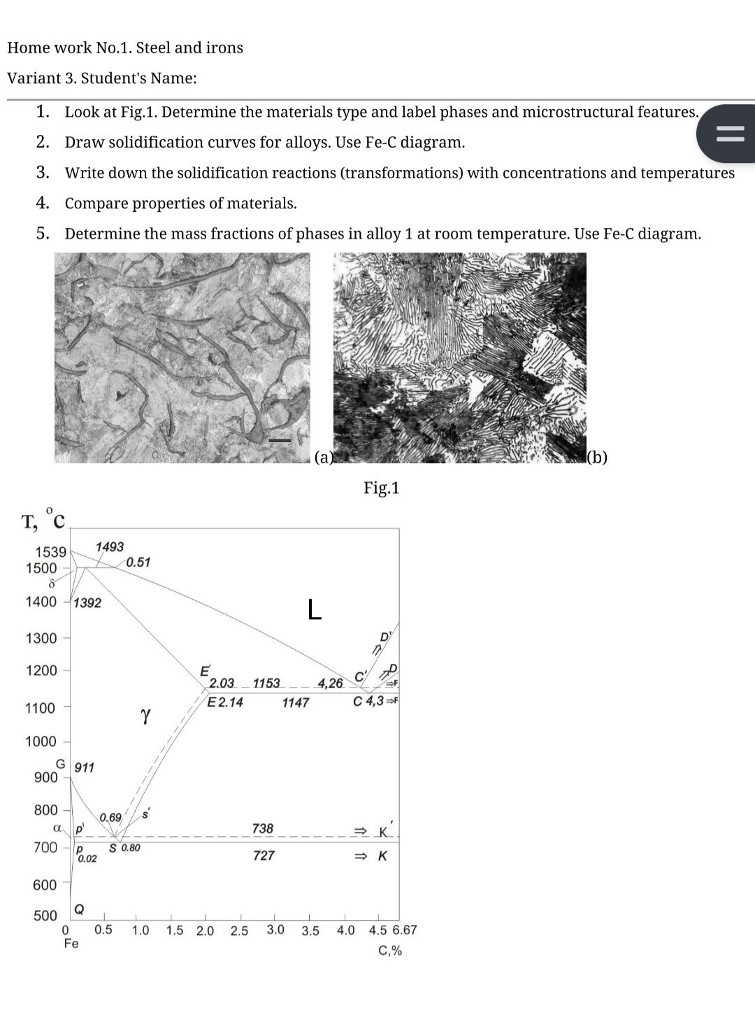 Home work No.1. Steel and irons Variant 3. Student's Name: 1. Look at ...