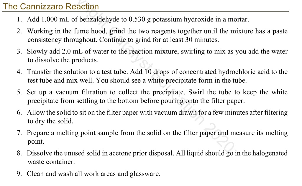 SOLVED:The Cannizzaro Reaction Add 1.000 mL of benzaldehyde to 0.530 g ...