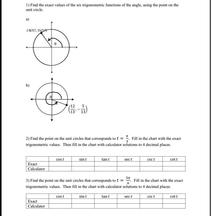 SOLVED: 1) Find the exact values of the six trigonometric functions of ...