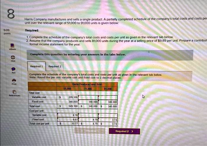 SOLVED: Texts: 8. Harris Company manufactures and sells a single product. A partially completed ...