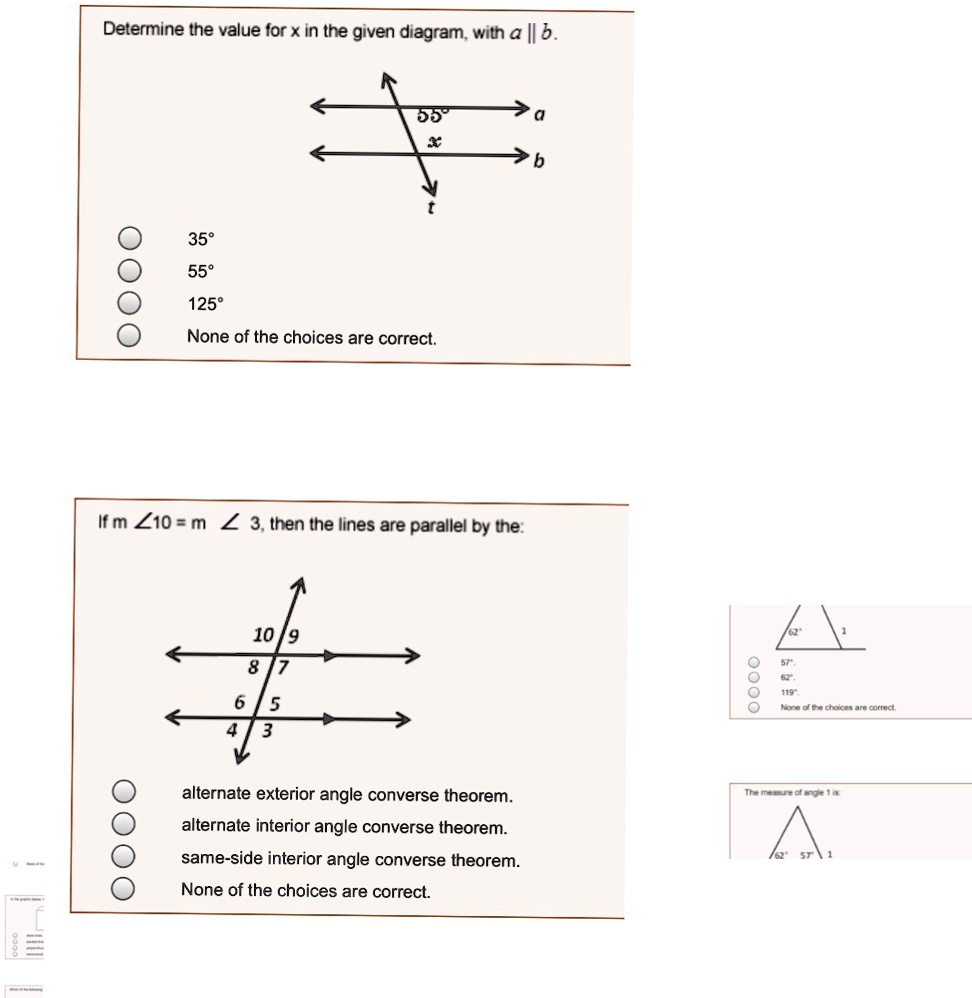 Determine the value for x in the given diagram, with a || b. 35° 55° 125° None of the choices ...