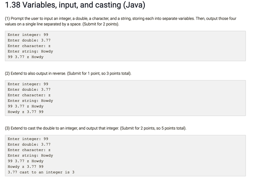 1.38 Variables, input, and casting (Java) 1 Prompt the user to input an ...