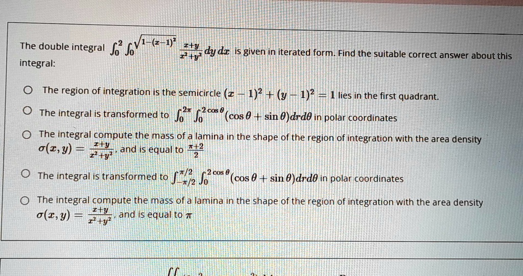 SOLVED: The integral computes the mass of a lamina in the shape of the ...