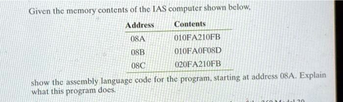 Given the memory contents of the IAS computer shown below: Address Contents O8A OIOFAZ1OFR OSB ...