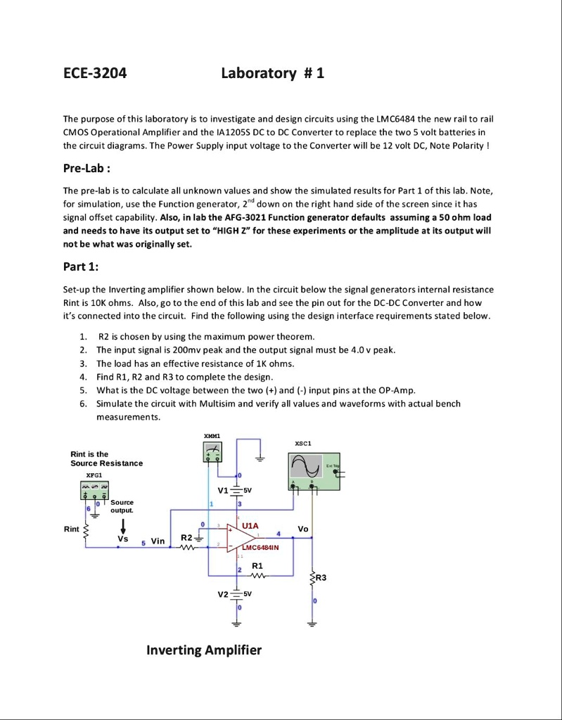 SOLVED: prelab! ECE-3204 Laboratory # 1 The purpose of this laboratory is to investigate and ...