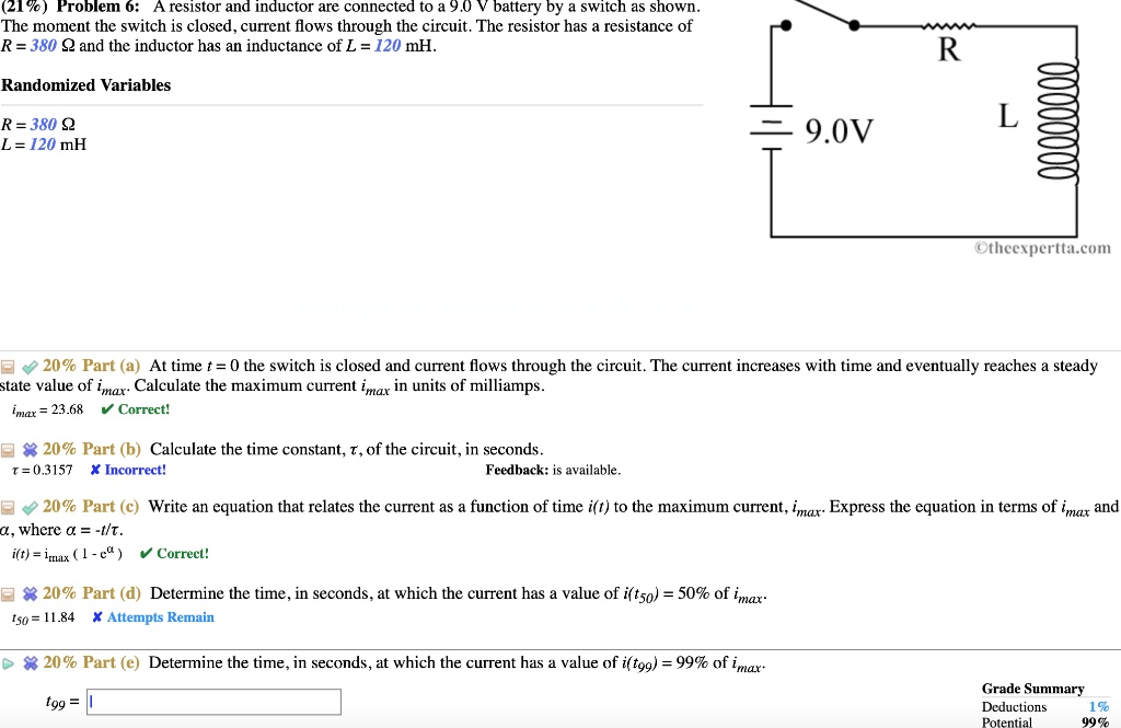 SOLVED: (21%) Problem 6: A resistor and inductor are connected to a 9.0 ...