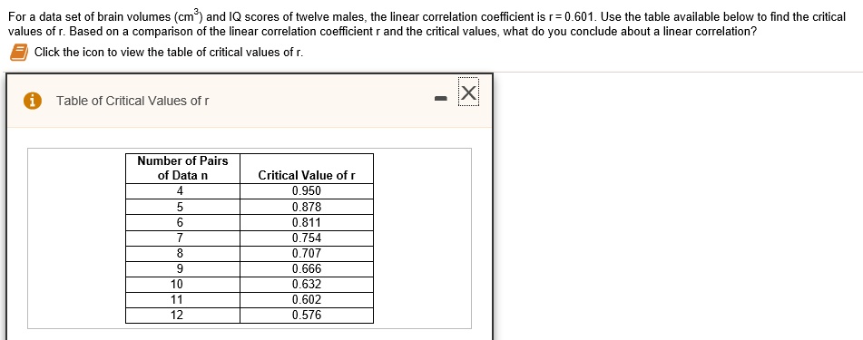 SOLVED: For data set of brain volumes (cm` and IQ scores of twelve males the linear correlation ...