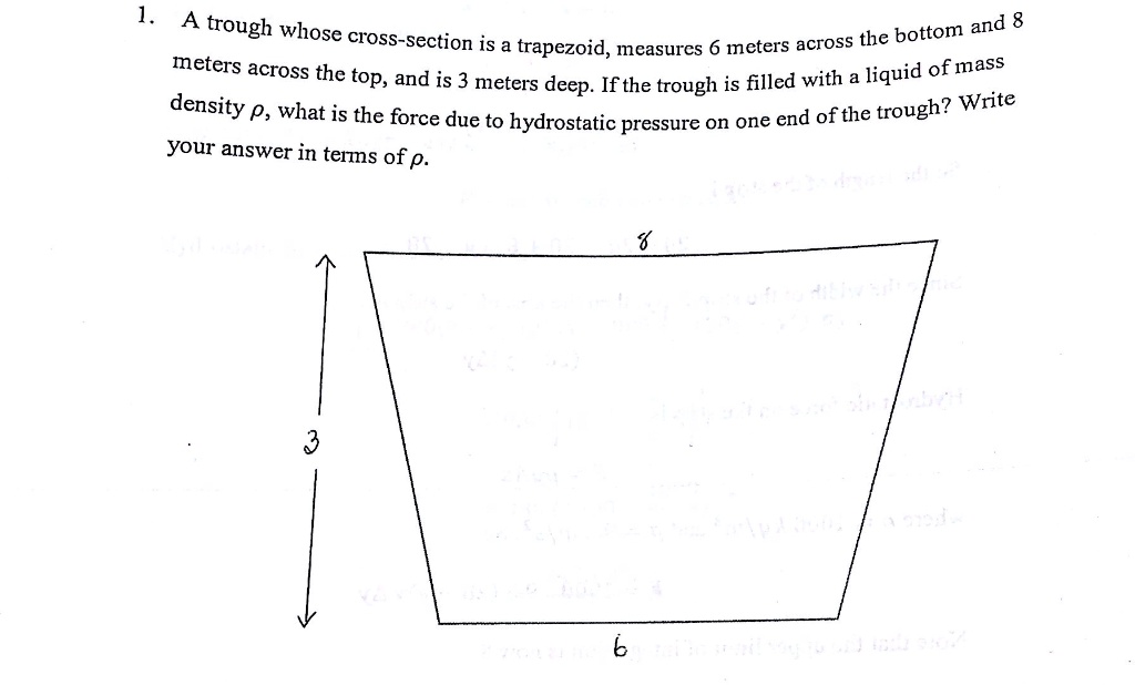 SOLVED: trough whose and 8 cross-section is a trapezoid, mcasurcs 6 meters across the bottom ...