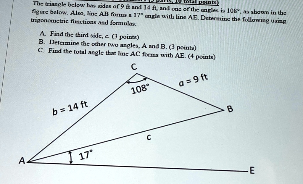 The triangle below has sides of 9 ft and 14 ft, and one of the angles ...