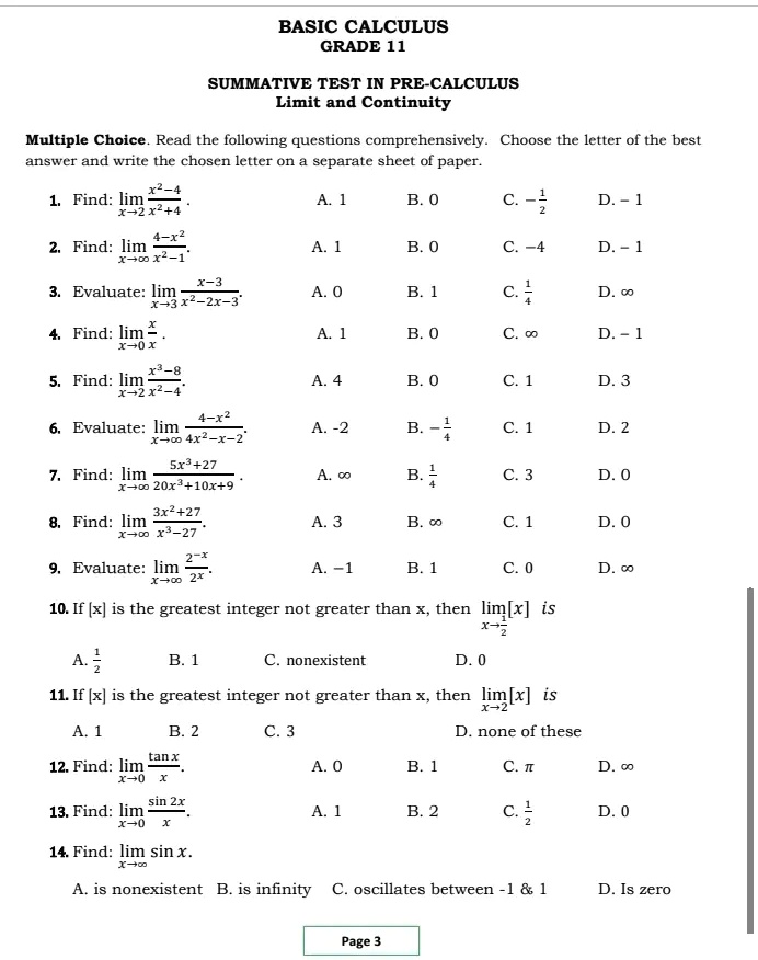 basic calculus grade 11 summative test in pre calculus limit and ...