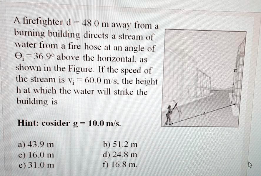 SOLVED: A firefighter, 48.0 m away from a burning building, directs a ...