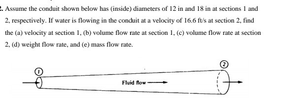 SOLVED: Assume the conduit shown below has (inside) diameters of 12 in and 18 in at sections 1 ...