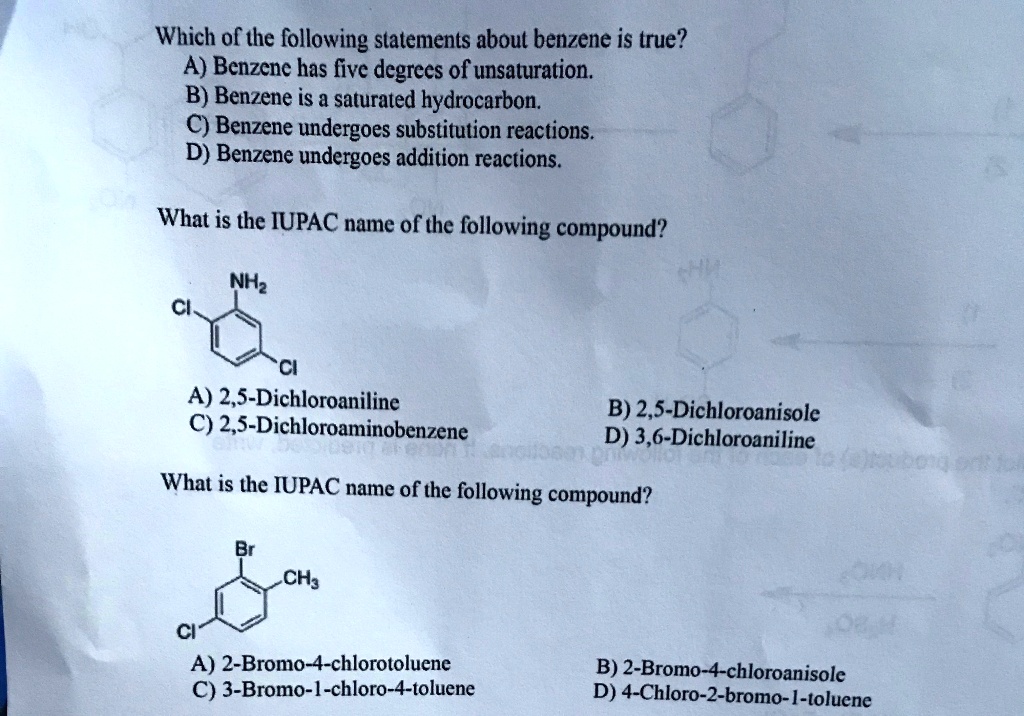 SOLVED: Which of the following statements about benzene is true? A) Benzene has five degrees of ...