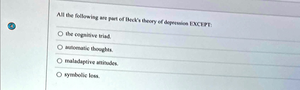 SOLVED: All the following are part of Beck's theory of depression ...