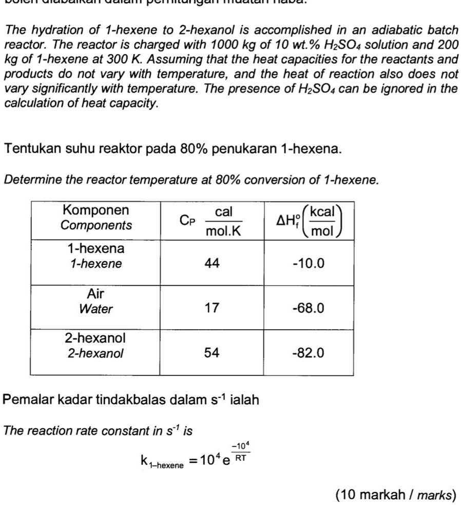 The hydration of 1-hexene to 2-hexanol is accomplished in an...