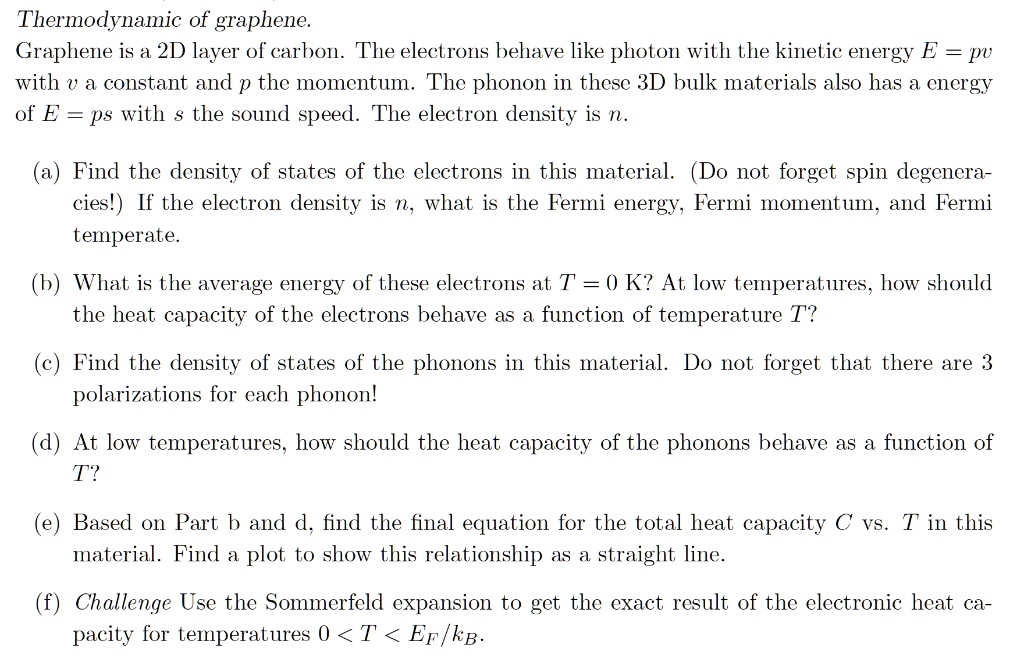 SOLVED: Title: Thermodynamics of Graphene Graphene is a 2D layer of carbon. The electrons behave ...