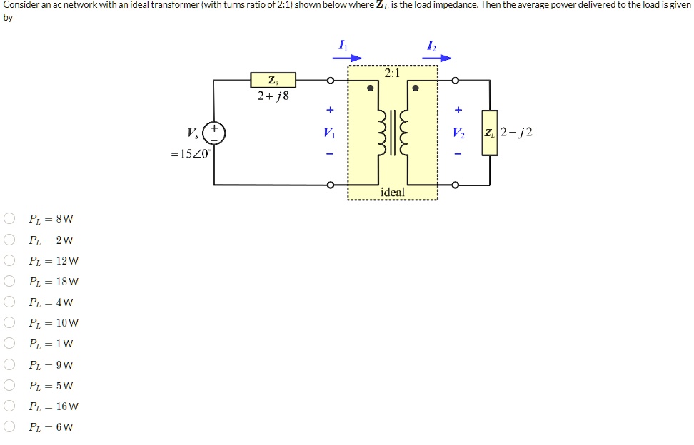 Consider an ac network with an ideal transformer (with turns ratio of 2 ...