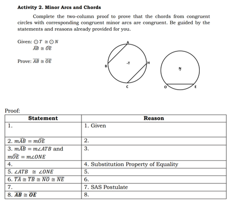 Activity 2. Minor Ares and Chords Complete the two-column proof to ...