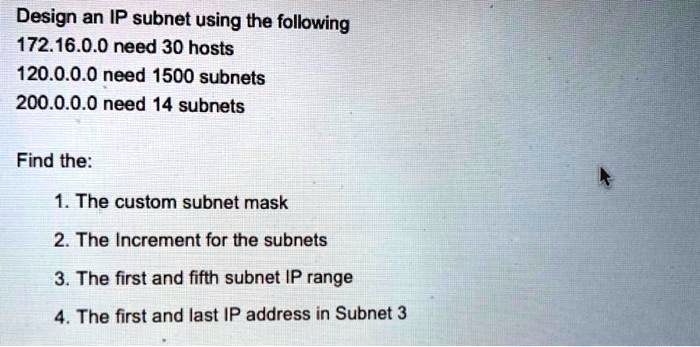 SOLVED: Design an IP subnet using the following 172.16.0.0 need 30 hosts 120.0.0.0 need 1500 ...
