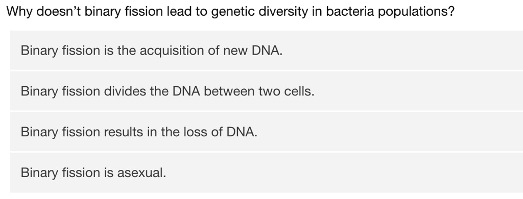 why doesnt binary fission lead to genetic diversity in bacteria populations binary fission is ...