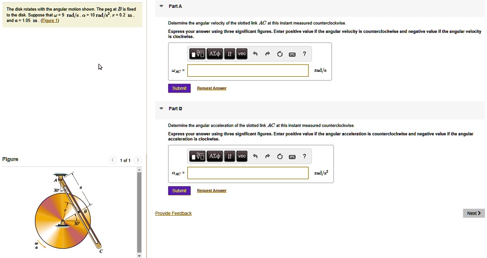 SOLVED: The disk rotates with the angular motion shown. The peg at B is ...