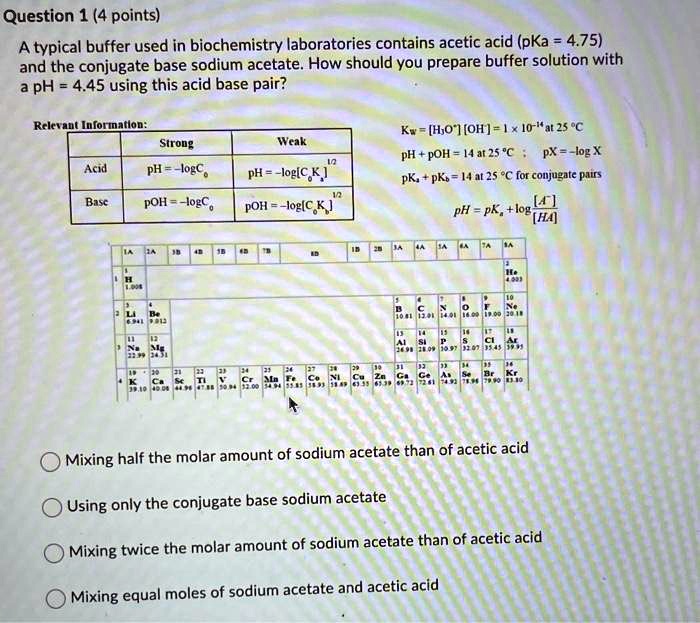 SOLVED:Question 1 (4 points) A typical buffer used in biochemistry laboratories contains acetic ...