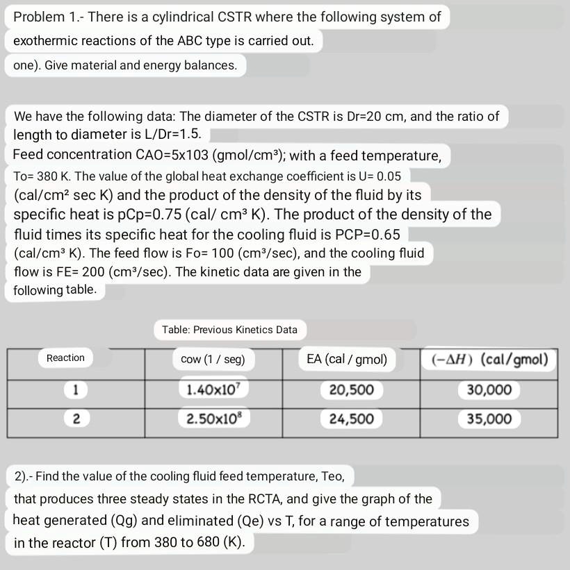 SOLVED: Problem 1 - There is a cylindrical CSTR where the following system of exothermic ...