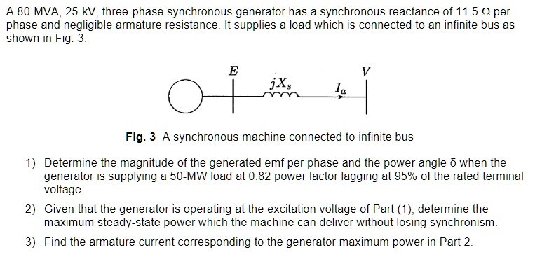 SOLVED: A 80-MVA, 25-kV, three-phase synchronous generator has a synchronous reactance of 11.5 ...