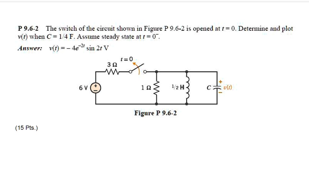 SOLVED: The switch of the circuit shown in Figure P 9.6-2 is opened at t=0. Determine and plot v ...