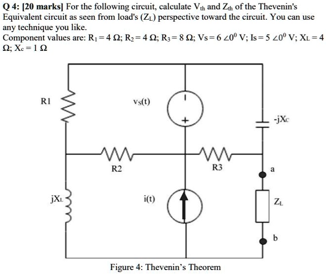 SOLVED: Q4: [20 marks] For the following circuit, calculate Vth and Zth of the Thevenin's ...