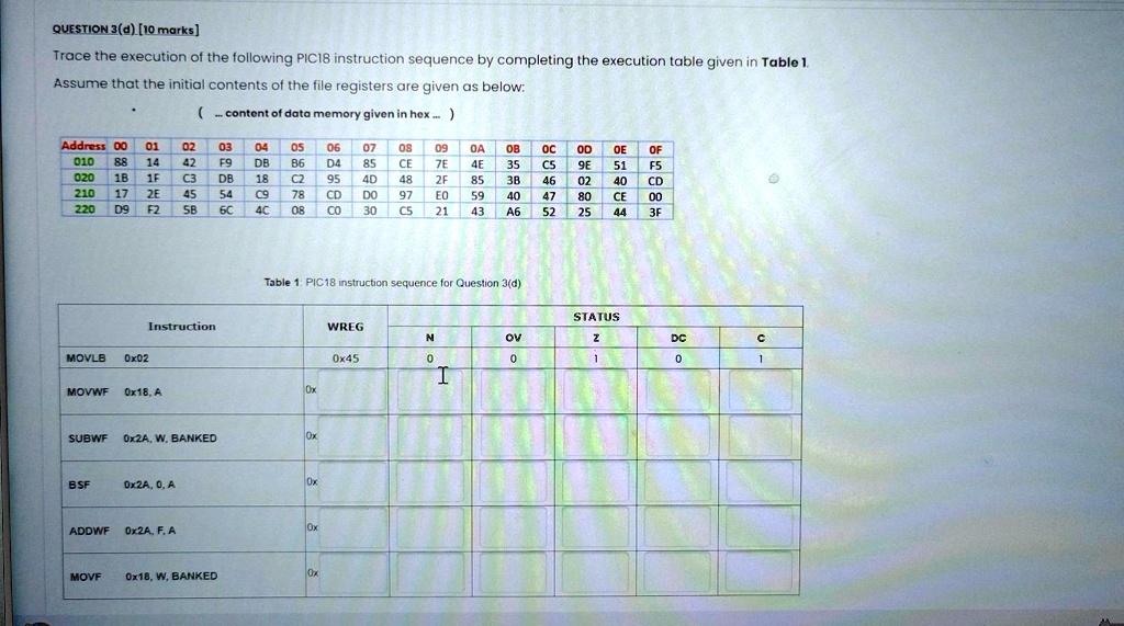 Solved Question 3d [10 Marks] Trace The Execution Of The Following Pic18 Instruction Sequence