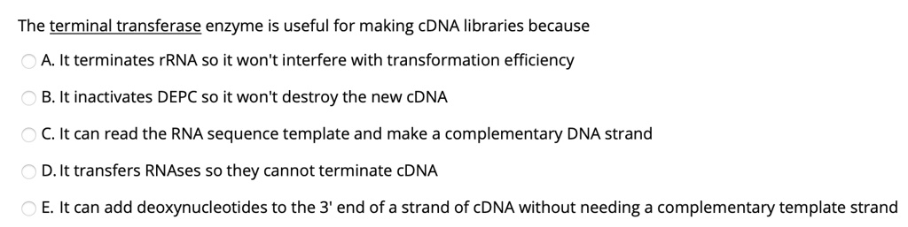 SOLVED: The terminal transferase enzyme is useful for making cDNA libraries because: A. It ...