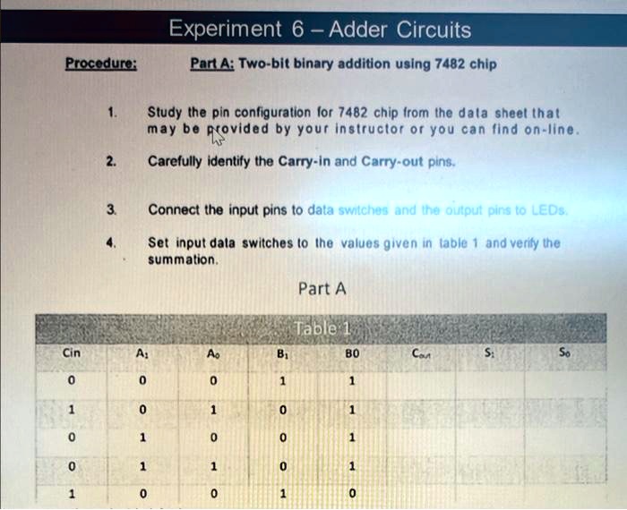 Procedure: 1. Experiment 6 - Adder Circuits Part A: Two-bit binary addition using 7482 chip ...