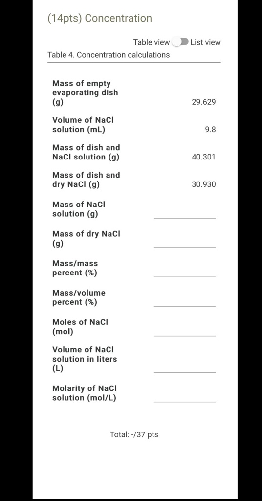 SOLVED:(14pts) Concentration Table view Table 4. Concentration ...