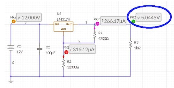 PR2 v 12.000V U1 LM317H PR1 v 5.0445V 1 Vout PR4 i 266.17µA ADJ R1 ...