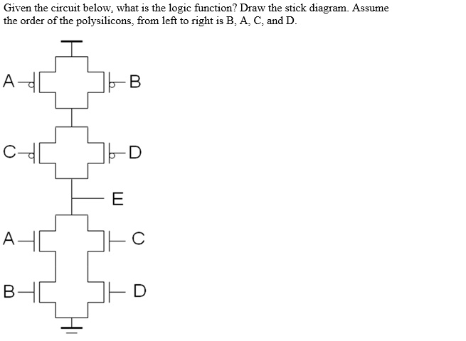 SOLVED: Given the circuit below, what is the logic function? Draw the stick diagram. Assume the ...