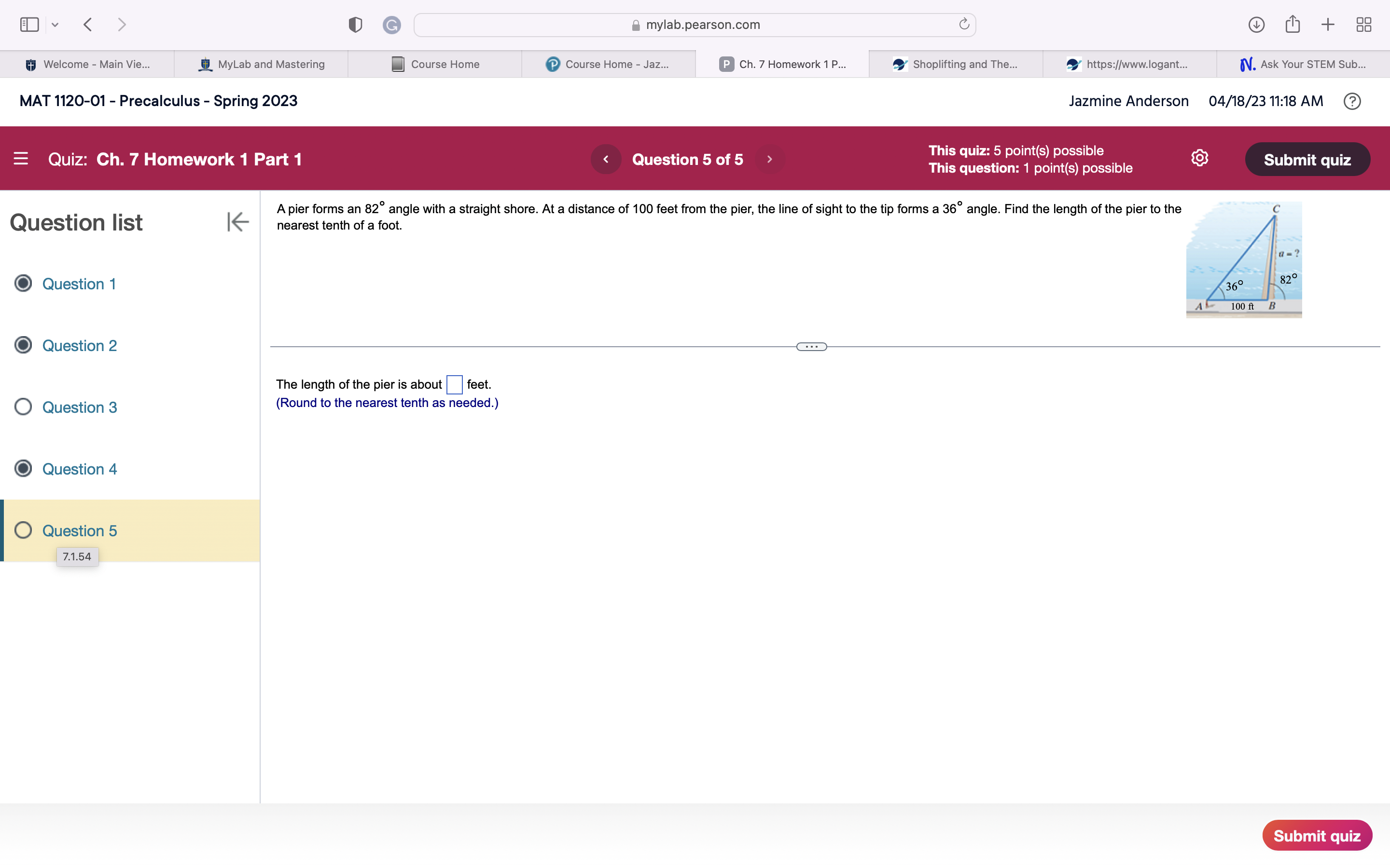 ? ∨ > D) G O mylab.pearson.com (4) ? + ? Question list A pier forms an ...