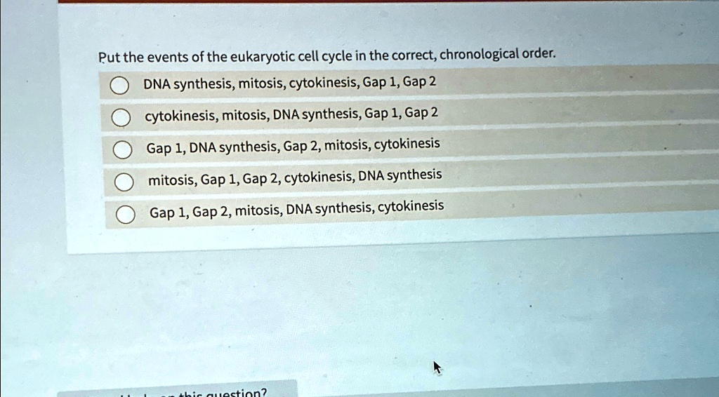 SOLVED: Put the events of the eukaryotic cell cycle in the correct, chronological order: - DNA ...