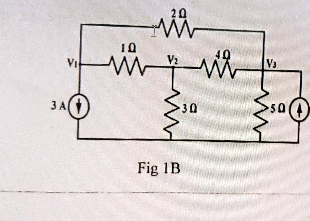 SOLVED: Find V1, V2 and V3 for the circuit shown in Fig 1B, by Nodal Analysis 20 MM 10 V2 Wi VI ...