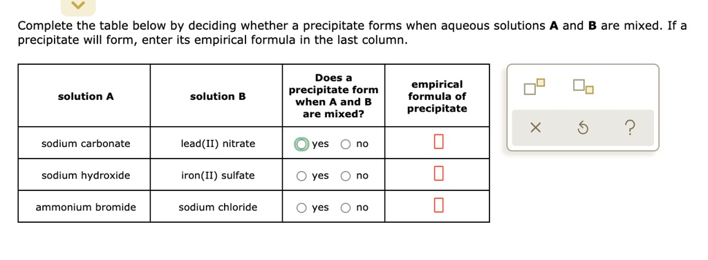 SOLVED: Complete the table below by deciding whether a precipitate forms when aqueous solutions ...