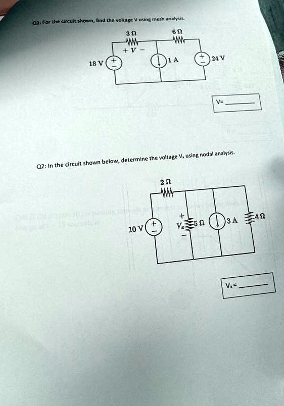 Q3: For the circuit shown, find the voltage V using mesh analysis. 3? 6? +V- 18 V+ 1A +24 V V ...