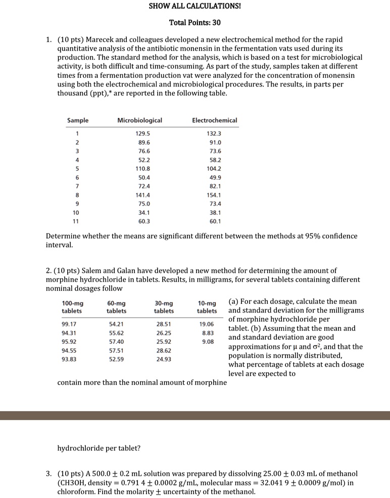 [GET ANSWER] show all calculations total points 30 1 10 pts marecek and ...