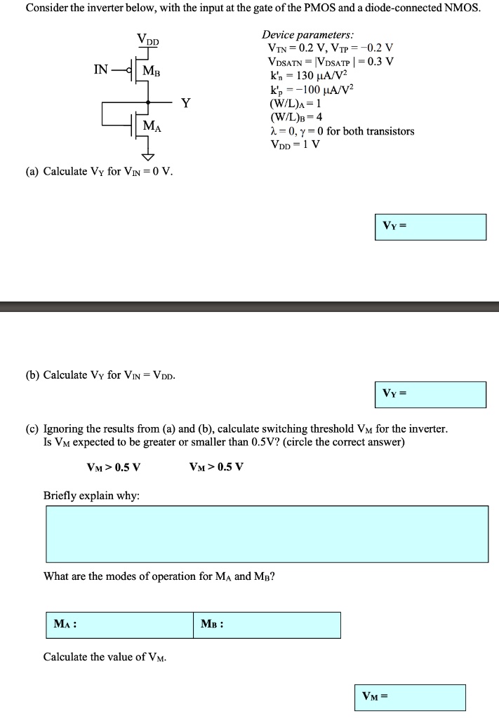 SOLVED: Consider the inverter below, with the input at the gate of the PMOS and a diode ...