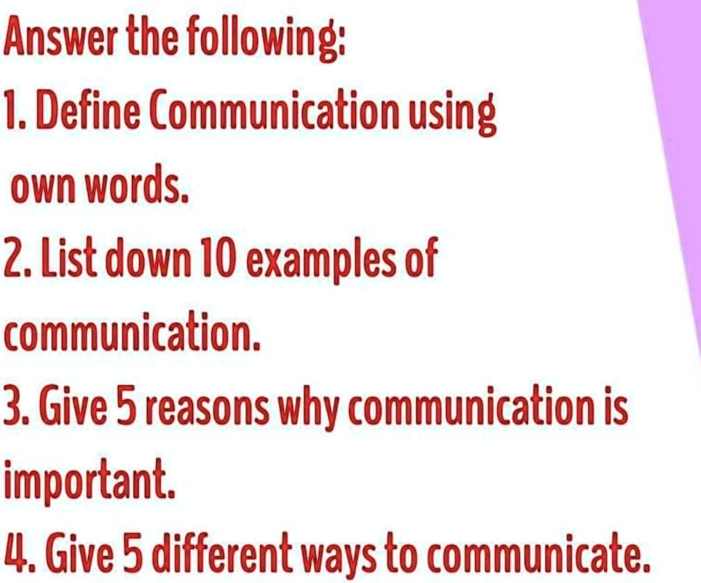 SOLVED: 'Help me please! Answer the following: I. Define Communication ... SOLVED: 'Help me please! Answer the following: I. Define Communication ...