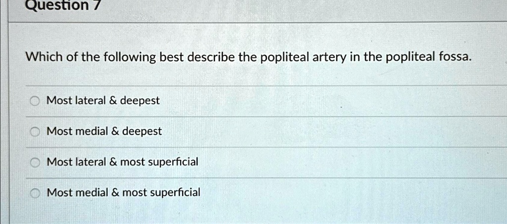 SOLVED: Question 7 Which of the following best describes the popliteal ...