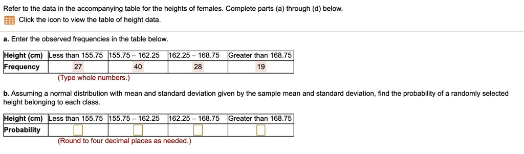 refer to the data in the accompanying table for the heights of females ...