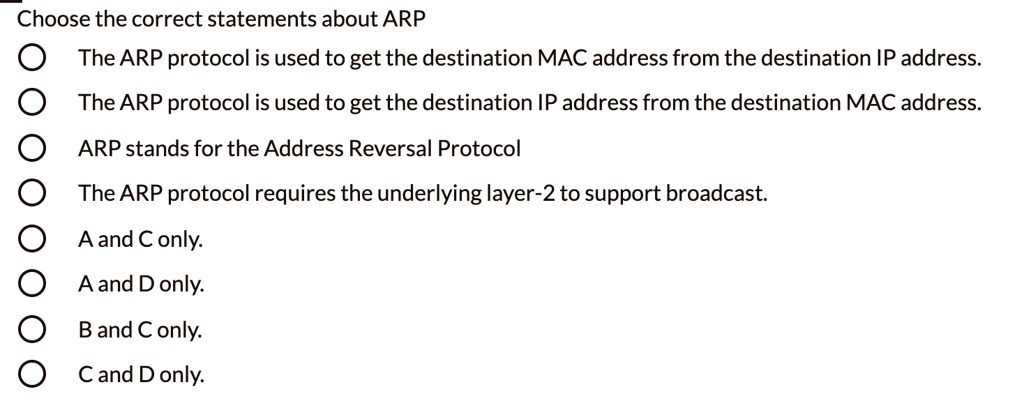 choose the correct statements about arp the arp protocol is used to get the destination mac ...